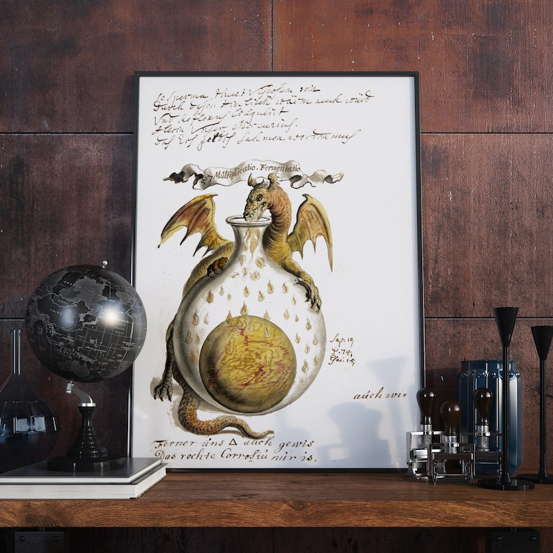 Alchemy Dragon Art Print - Fire-breathing Dragon & Glass Jar ...
