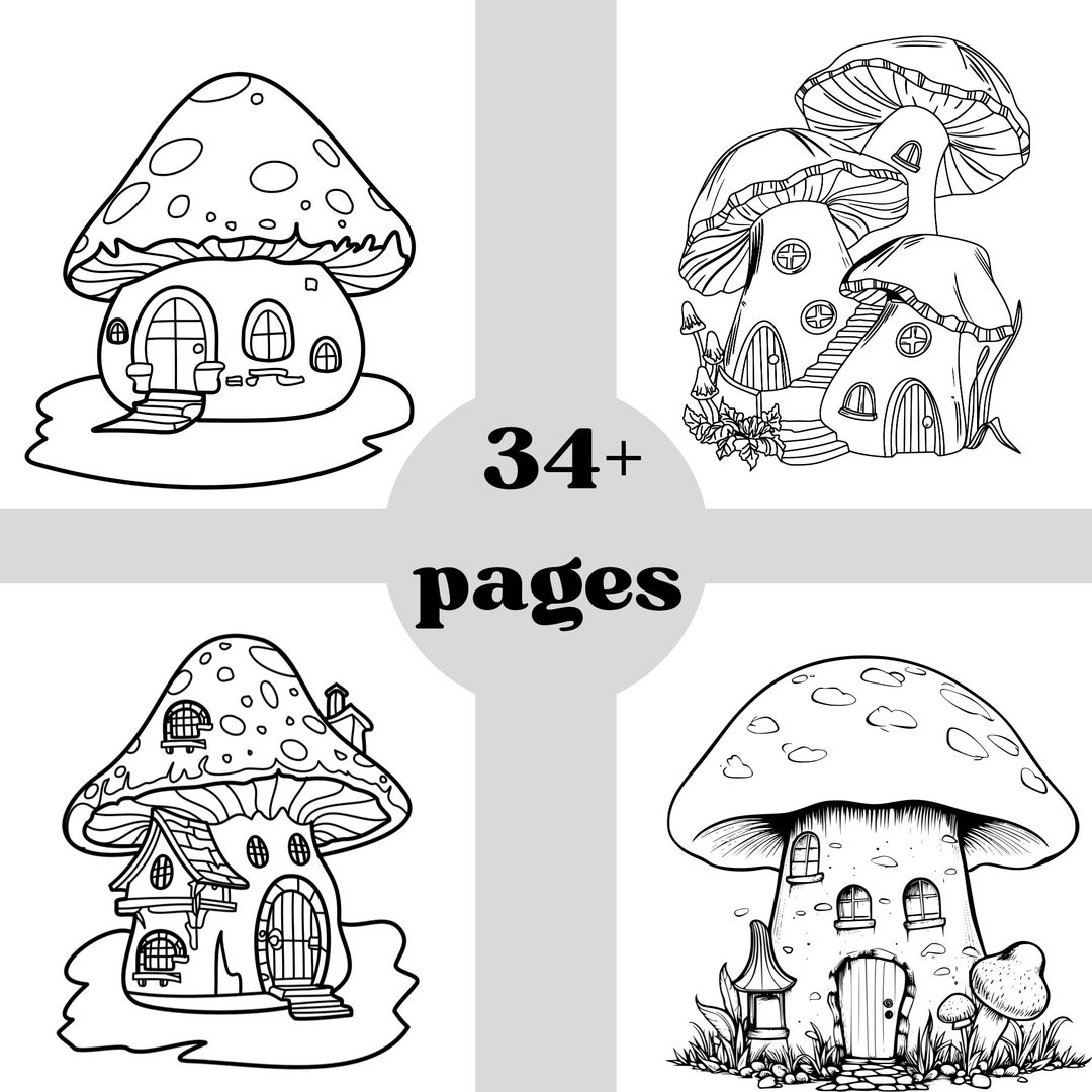 Fantasy Mushroom Houses Coloring Pages for Adults: Like in the Fairy ...