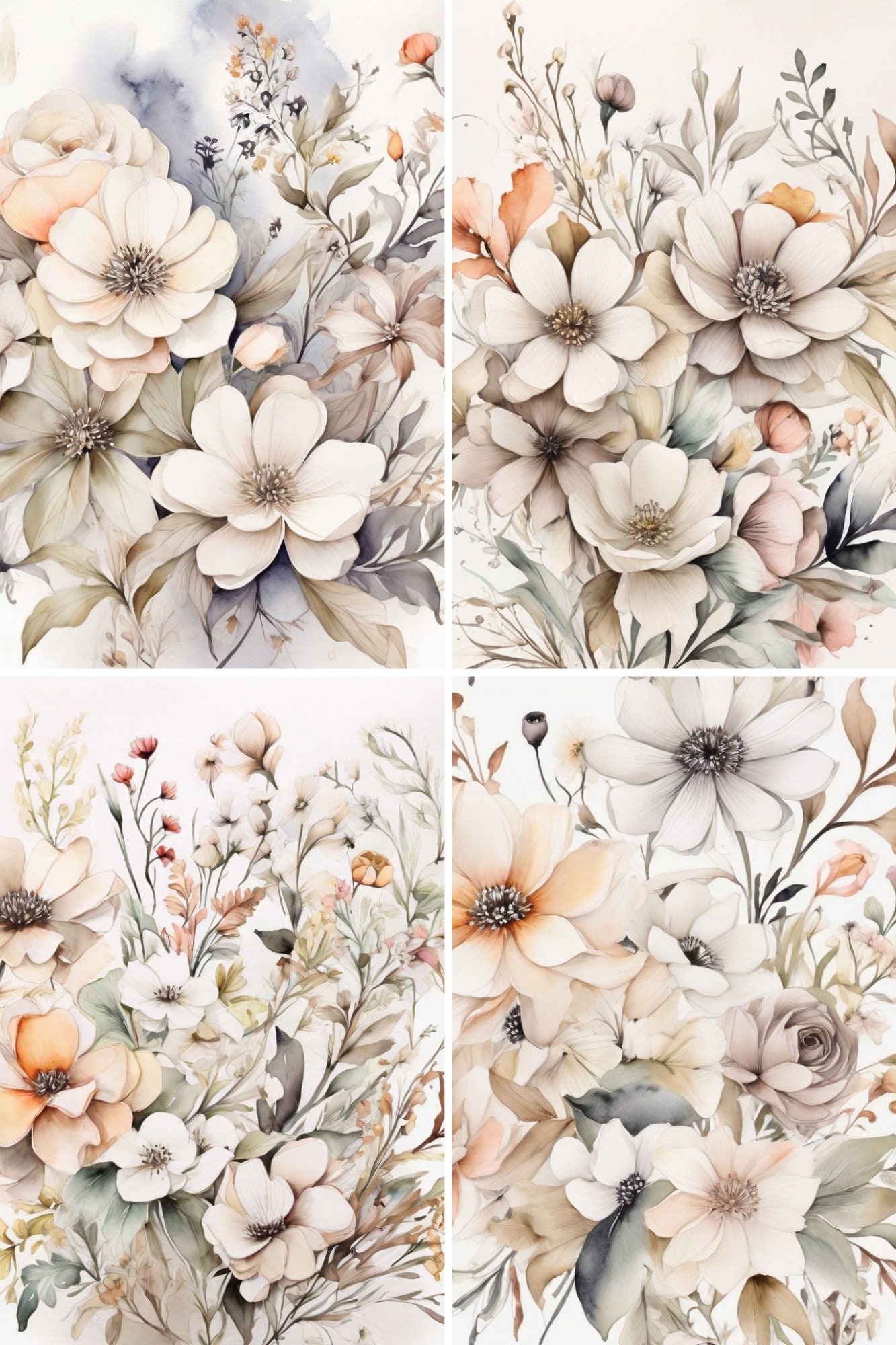 Wild Floral Watercolor Clip Art Floral Clipart Neutral Floral Clip Art ...