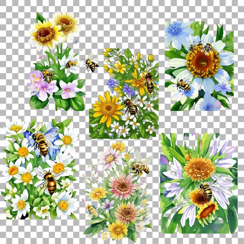 Watercolor Honey Bee Clipart Spring Garden Bee and Flowers - Etsy