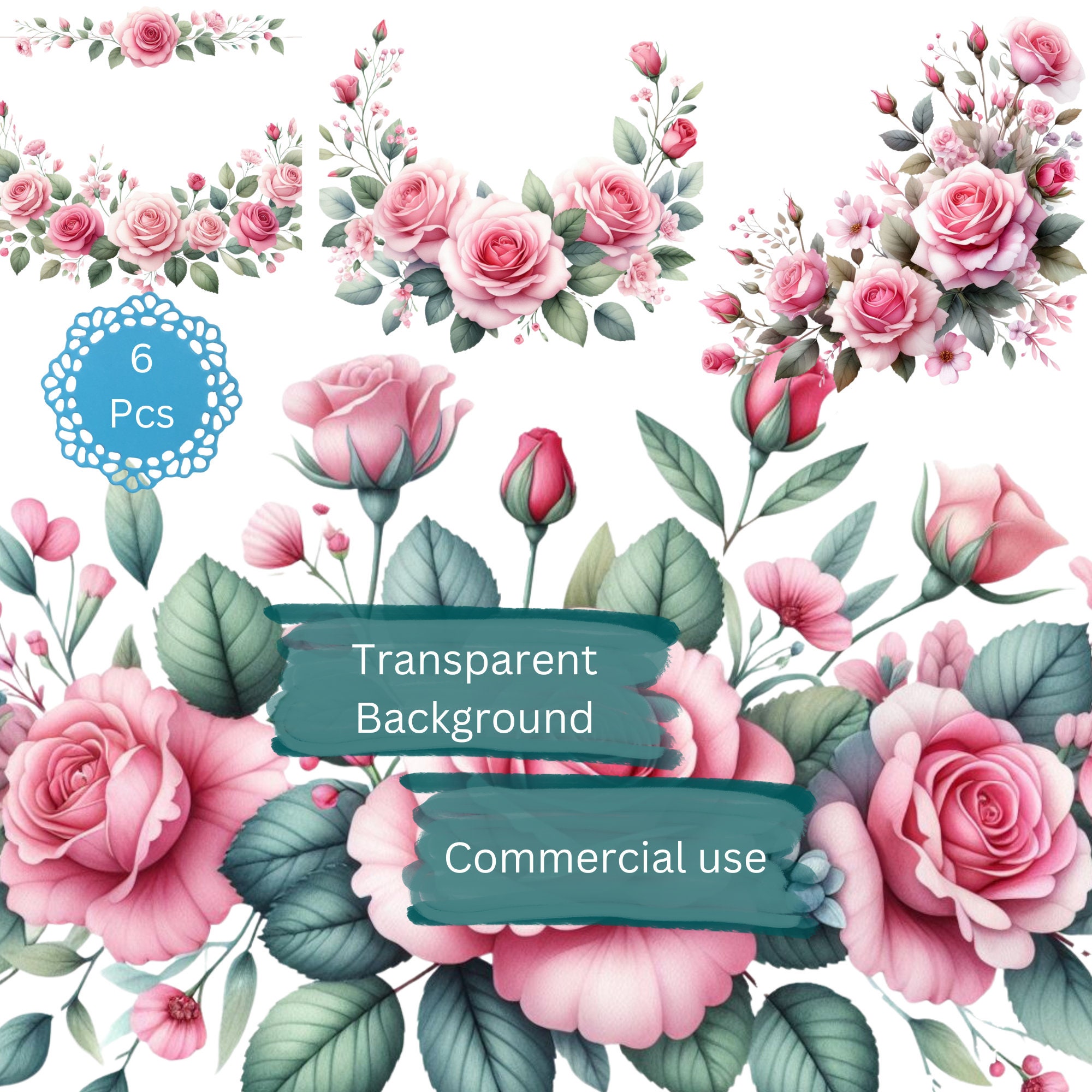 Pink Rose Border Clipart PNG Watercolor Pink Rose Border, Bundle of 6 ...