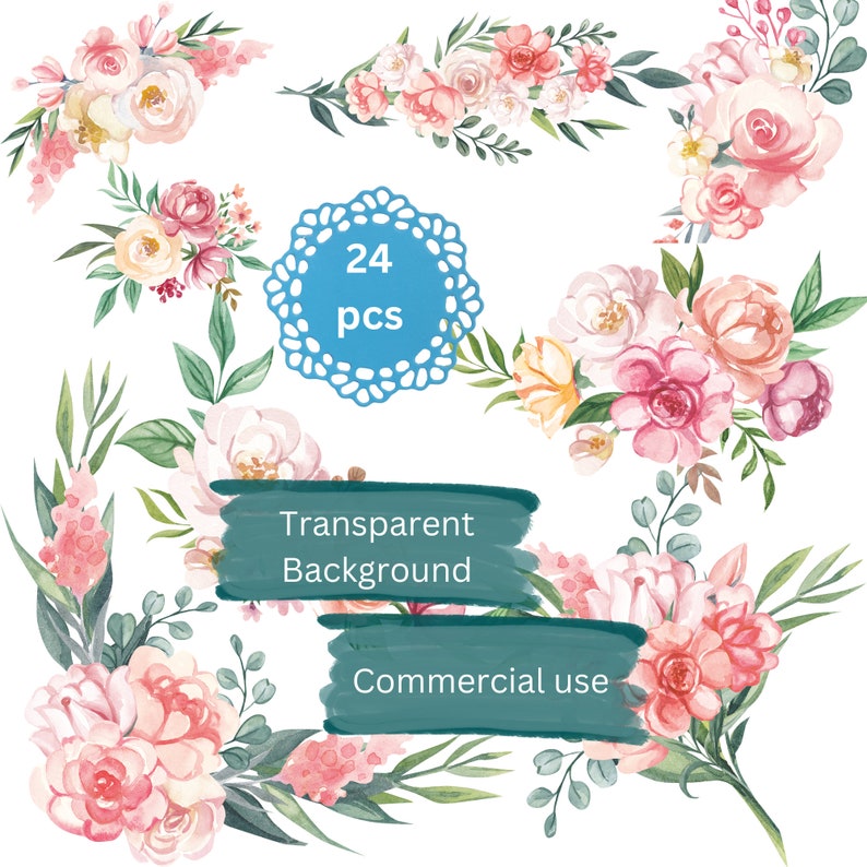 Pink Rose Border Clipart PNG Watercolor Pink Rose Border,bundle of 24 ...