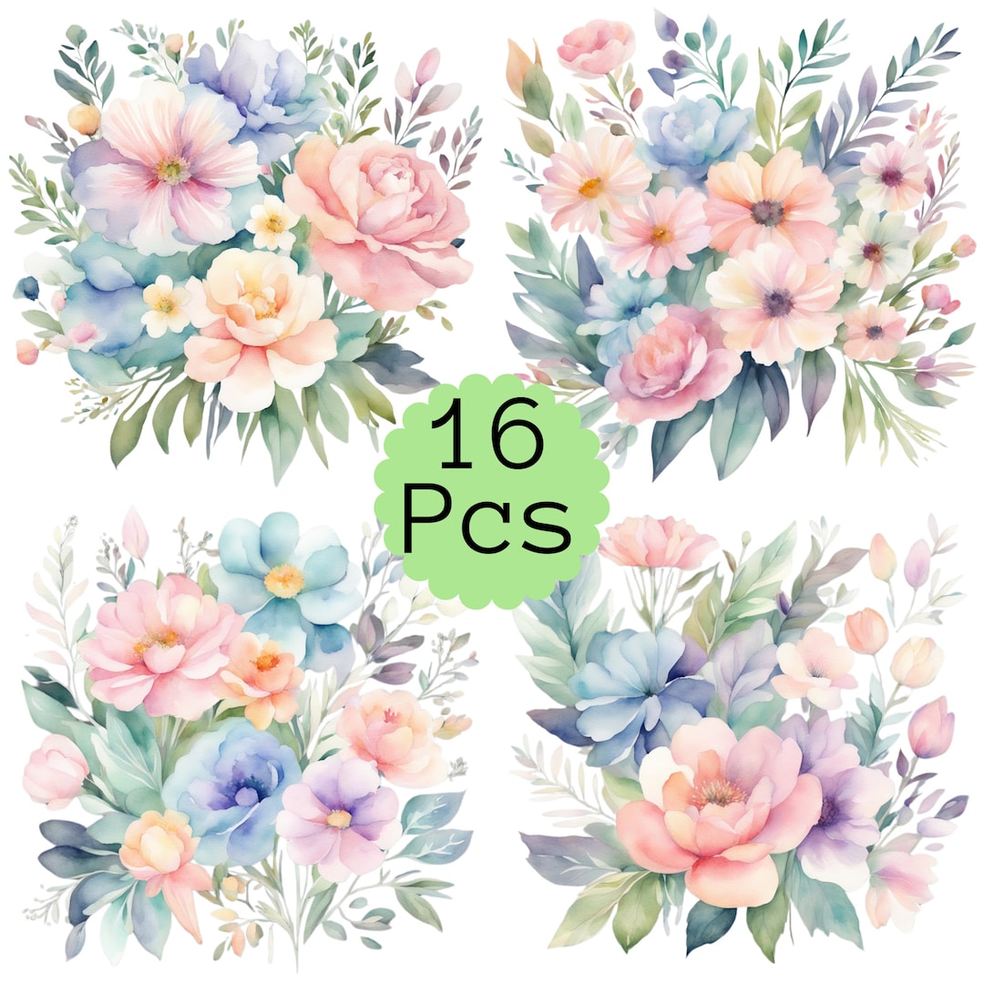 Watercolor Pastle Flower Bouquet Clipart Pack, Commercial Use |PNG File ...