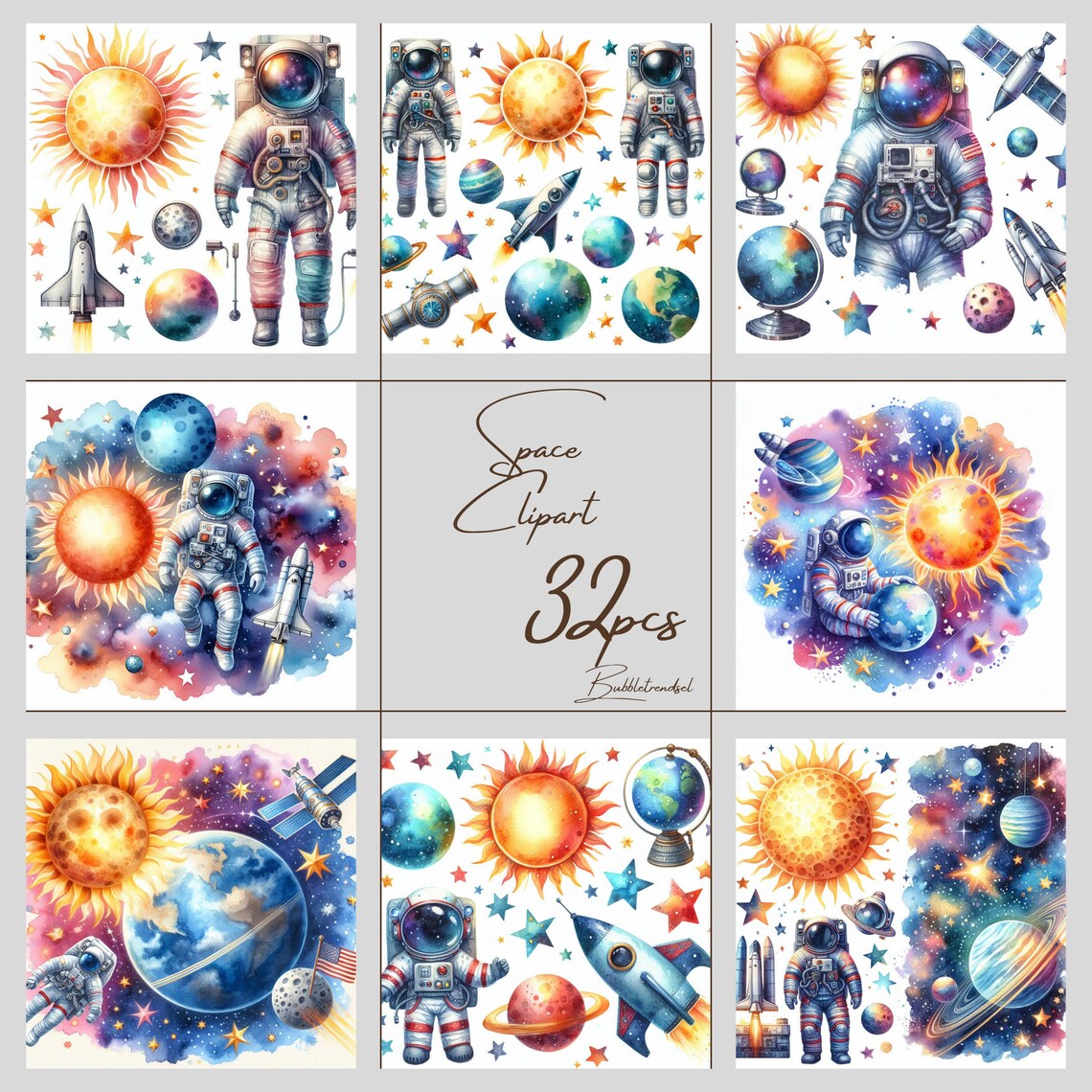 Watercolor Space Clipart Bundle 15, Sun Watercolor Clipart, Astronaut ...