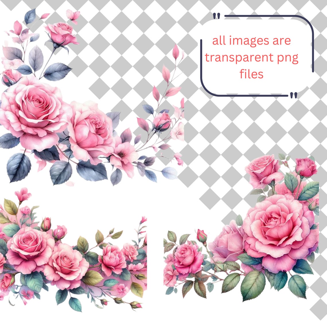Pink Rose Border Clipart PNG Watercolor Pink Rose Border, Bundle of 16 ...