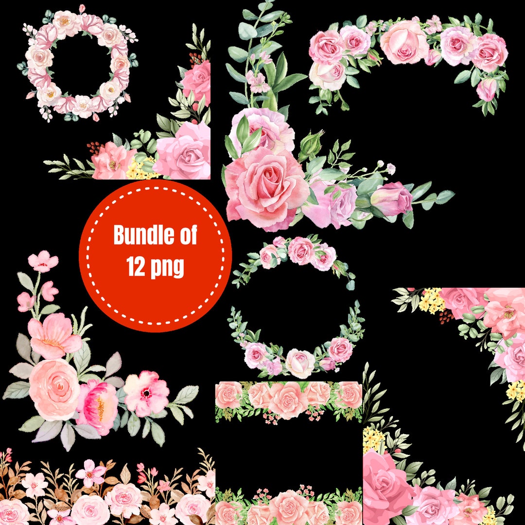 Pink Rose Border Clipart PNG Watercolor Pink Rose Border, Bundle of 10 ...