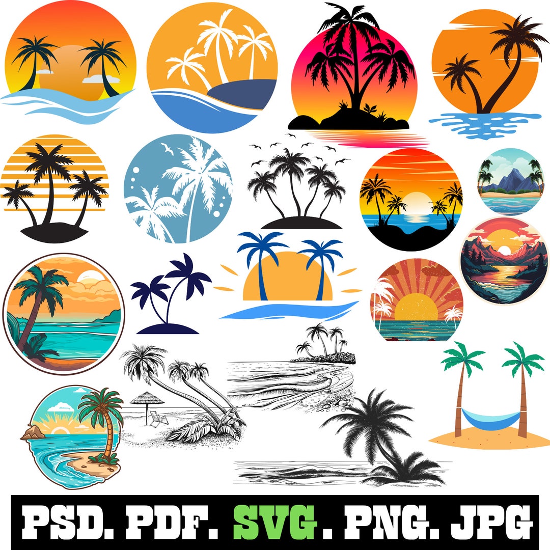 Beach Scene Svg Bundle, Beach Life Svg, Island Palm Tree Svg, Tropical ...