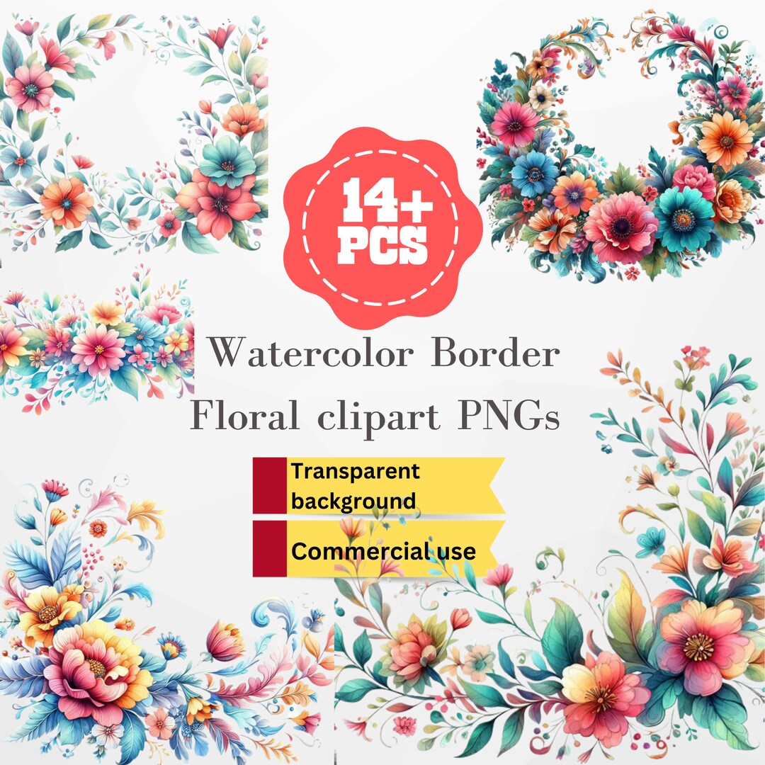 Floral Border Clipart PNG Watercolor Flowers Border, Bundle of 14 ...
