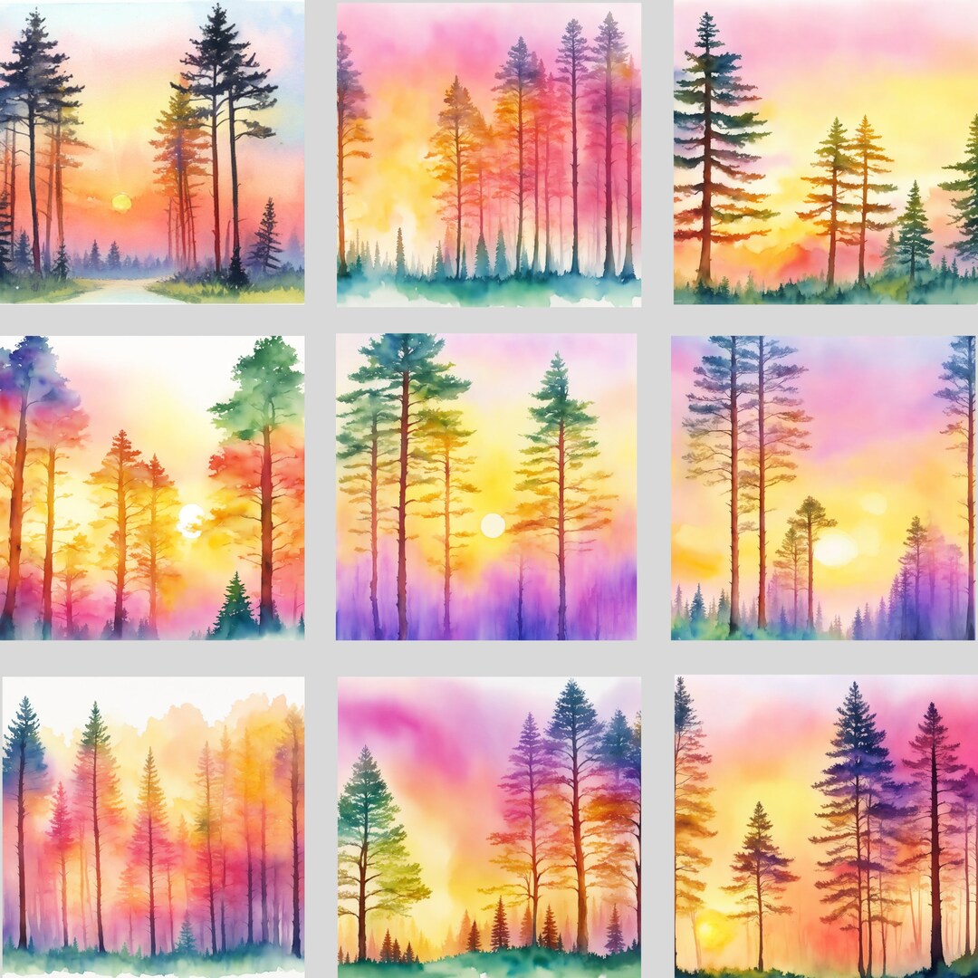 Sunrise & Sunset Pine Tree Forest Clip Art - PNG Instant Download for ...