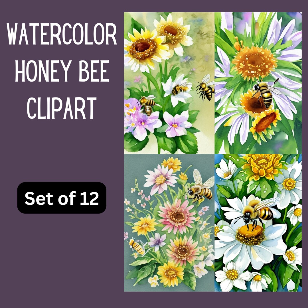 Watercolor Honey Bee Clipart, Spring Garden Bee and Flowers Drips Clip ...