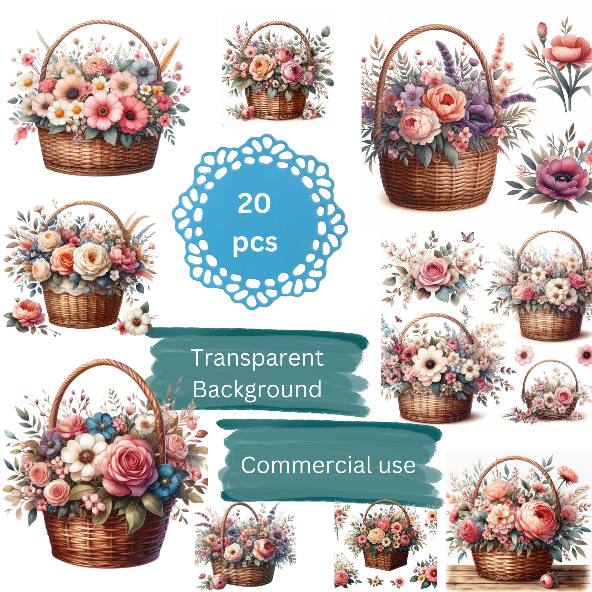 Floral Basket Clipart Watercolor Flowers 20 PNG Romantic - Etsy