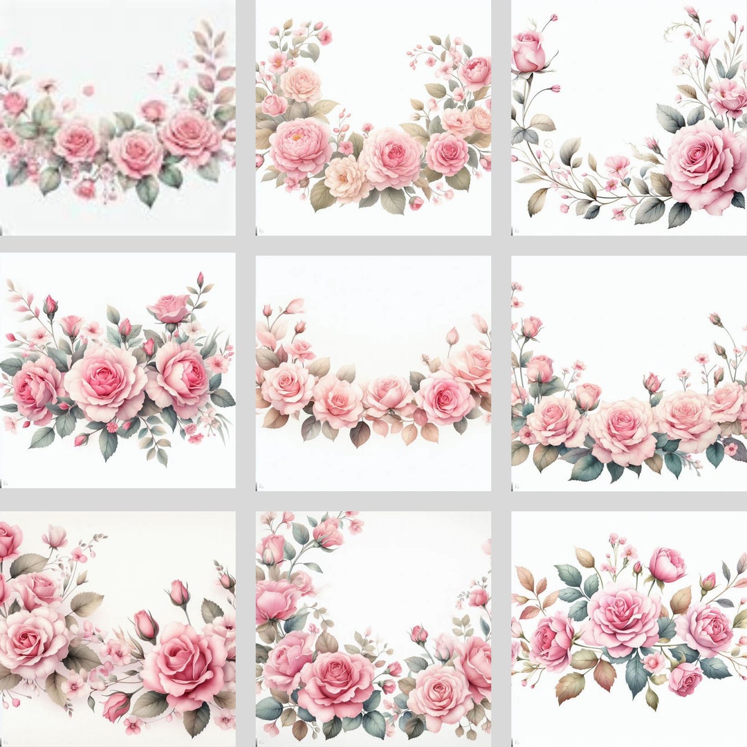 Pink Rose Border Clipart PNG Watercolor Pink Rose Border, Bundle of 10 ...