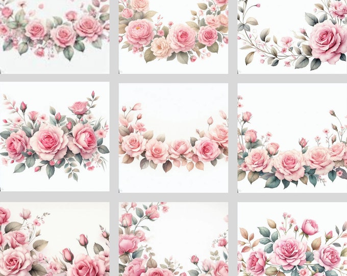 Pink Rose Border Clipart PNG Watercolor Pink Rose Border, Bundle of 10 ...