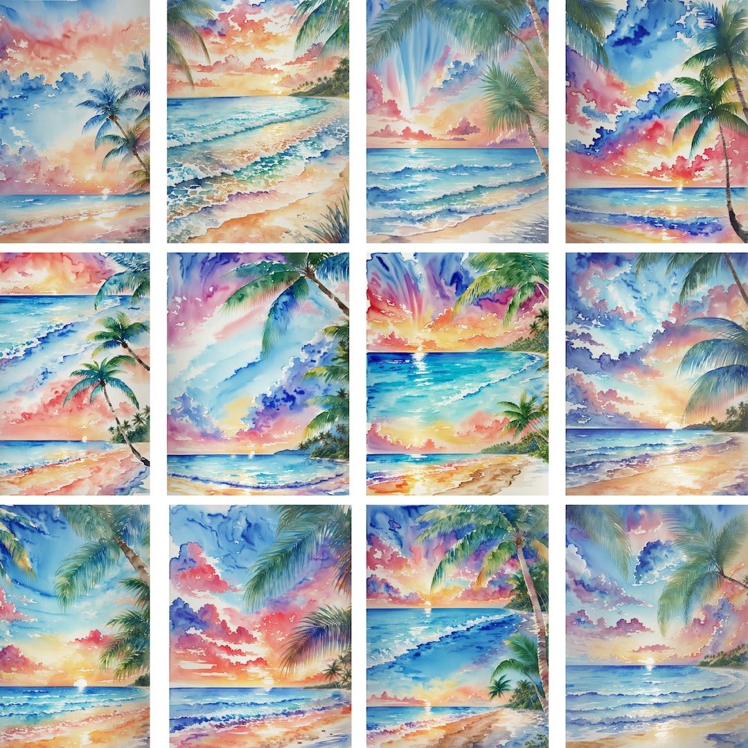 Watercolor Tropical Summer Beach Sunset Landscape Clipart Bundle of 20 ...