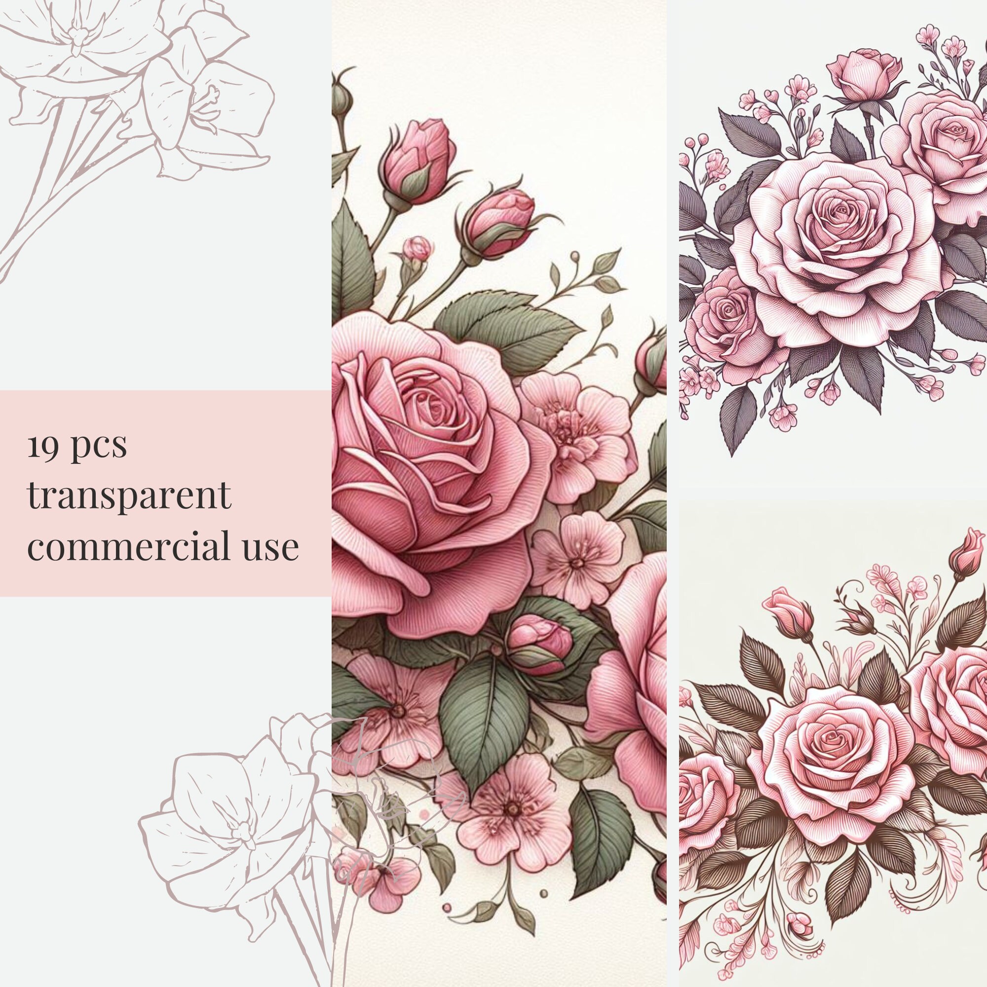 Pink Rose Border Clipart PNG Watercolor Pink Rose Border, Bundle of 18 ...