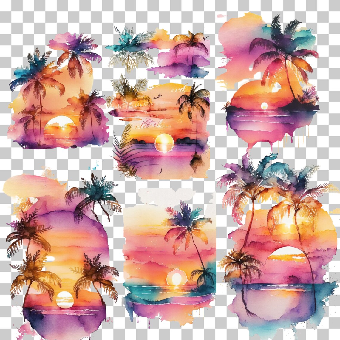 Watercolor Tropical Sunsets Clipart, Digital Graphics, Use Instant ...