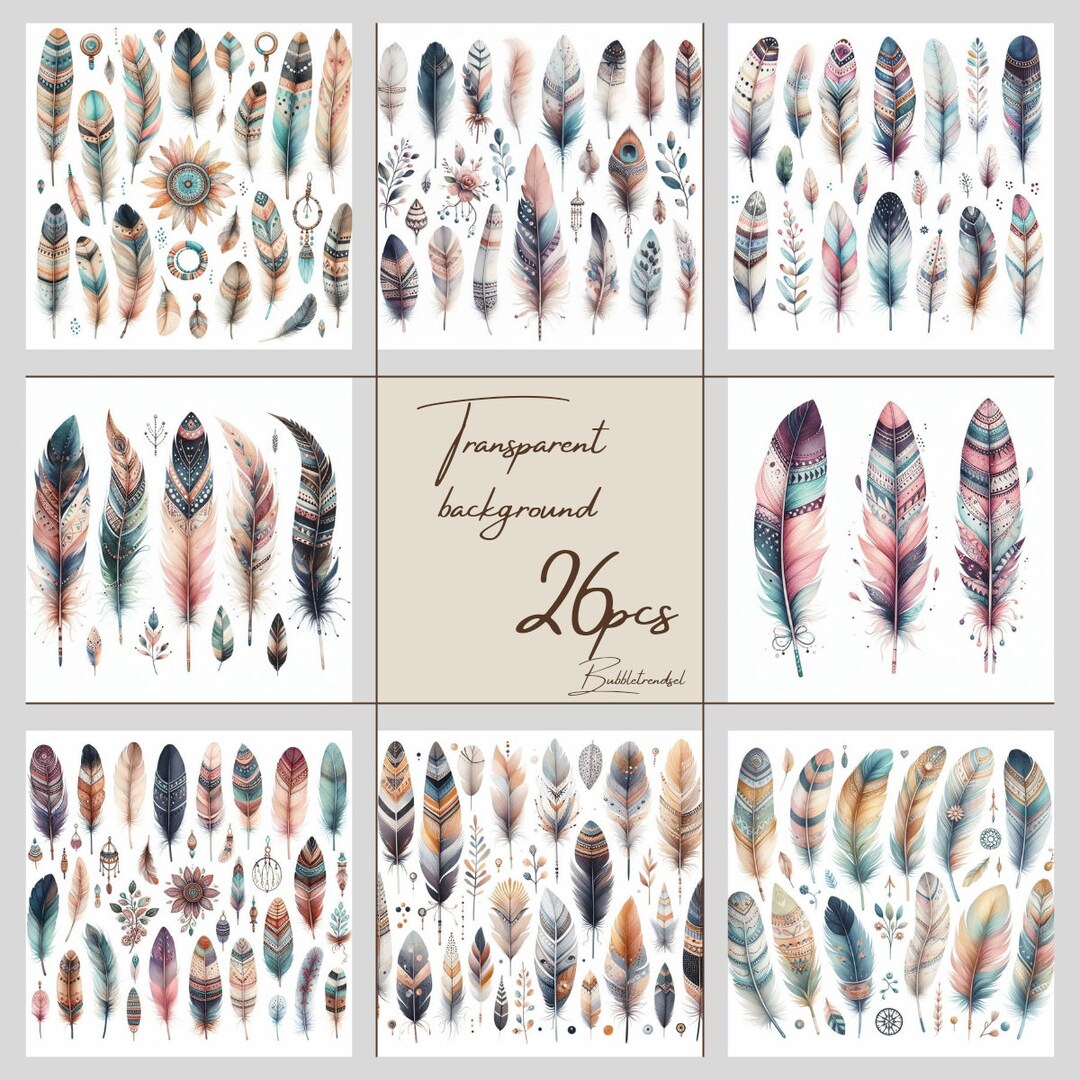 Boho Chic Watercolor Feathers Clipart Transparent PNG Commercial Use ...