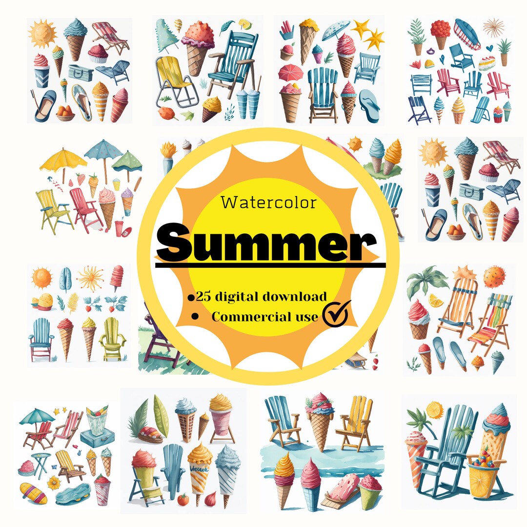 Watercolor Summer CLIPART - Seasonal, Sun, Beach, Ice Cream, Lawn Chair ...