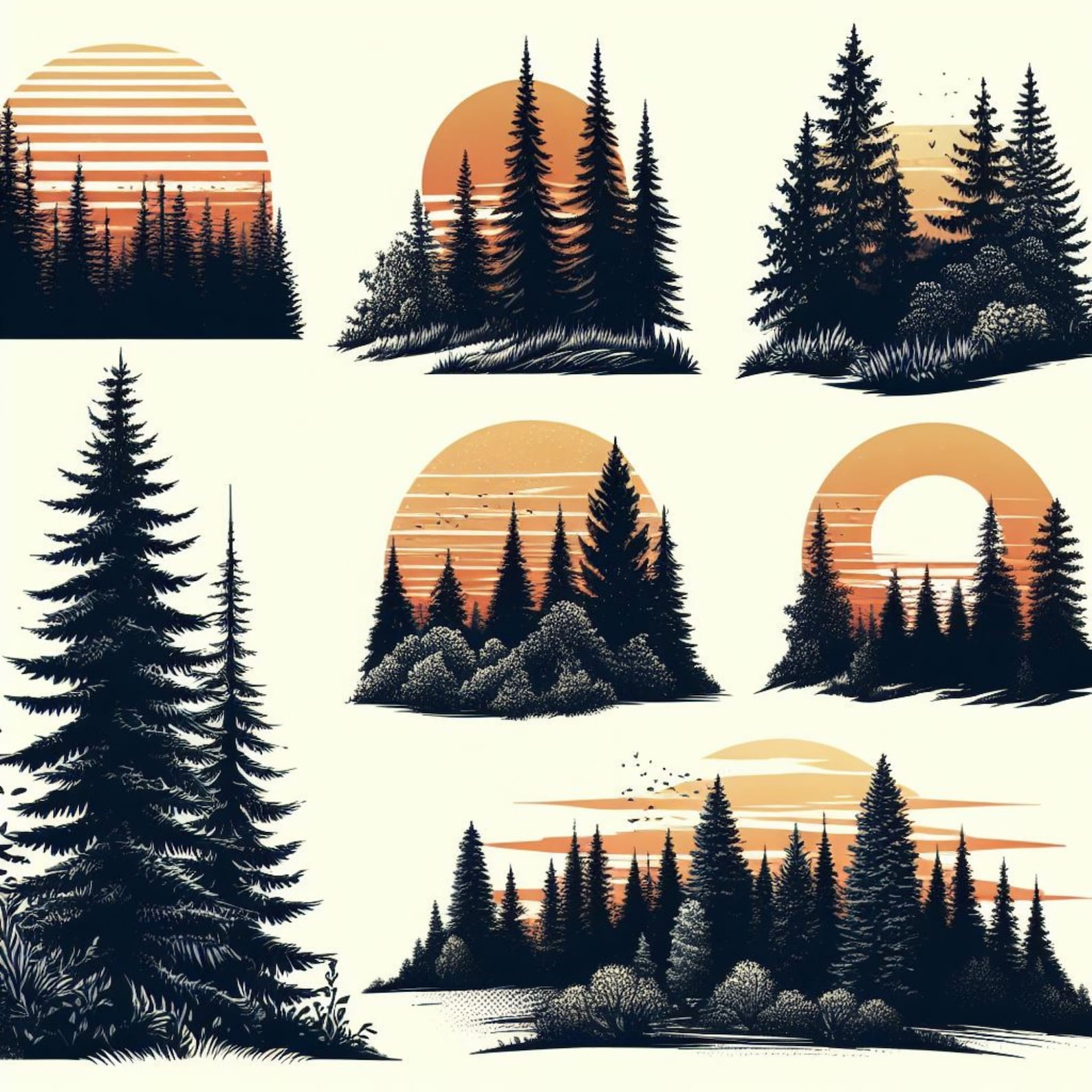 Sunrise & Sunset Pine Tree Forest Clip Art PNG Instant Download for ...