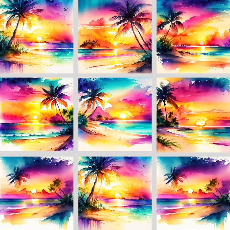 Watercolor Tropical Summer Beach Sunset Landscape Clipart Bundle of 20 ...