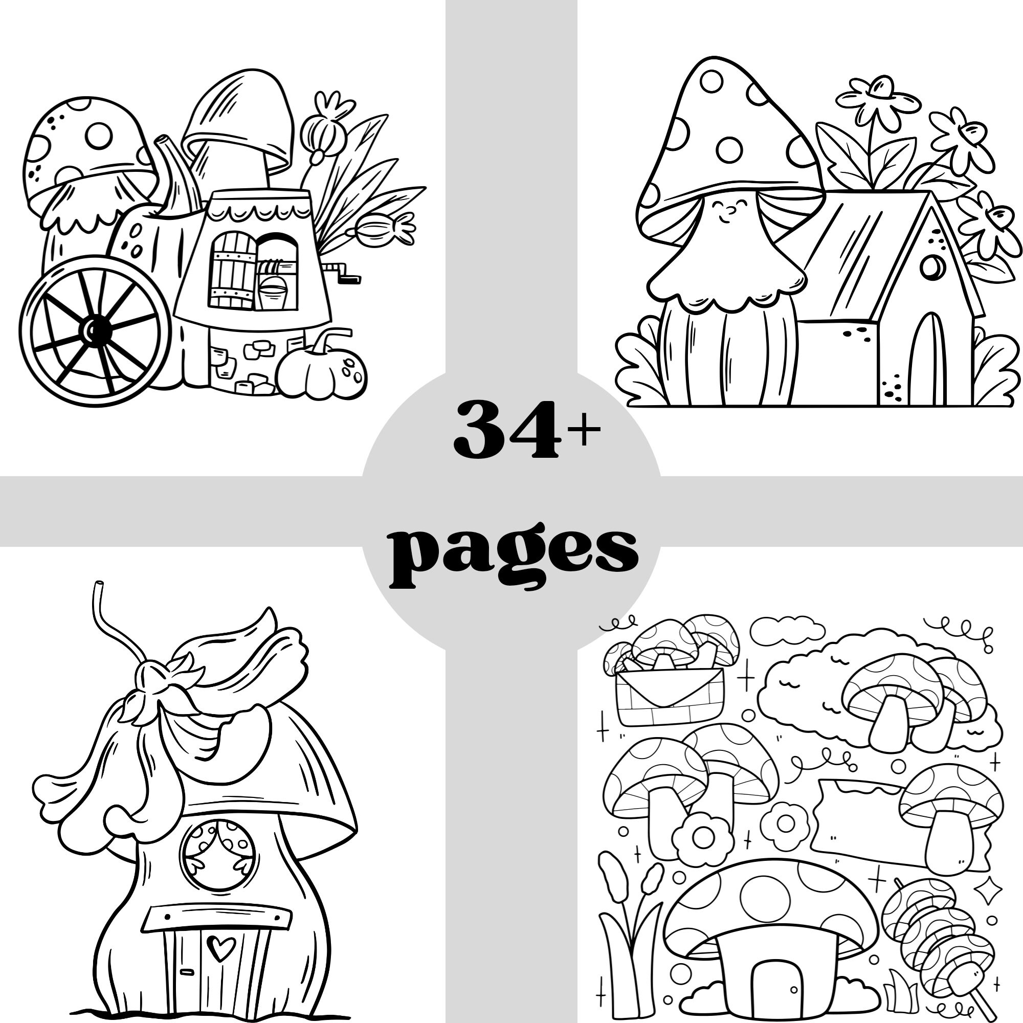 Fantasy Mushroom Houses Coloring Pages for Adults: Like in the Fairy ...
