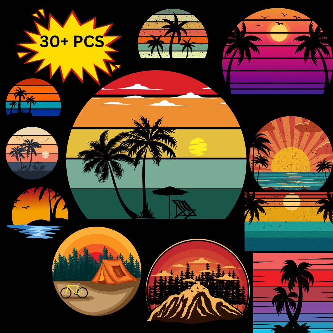 Retro Vintage Sunsets Pack #1 30 Retro Sunset Clipart PNG Digital ...