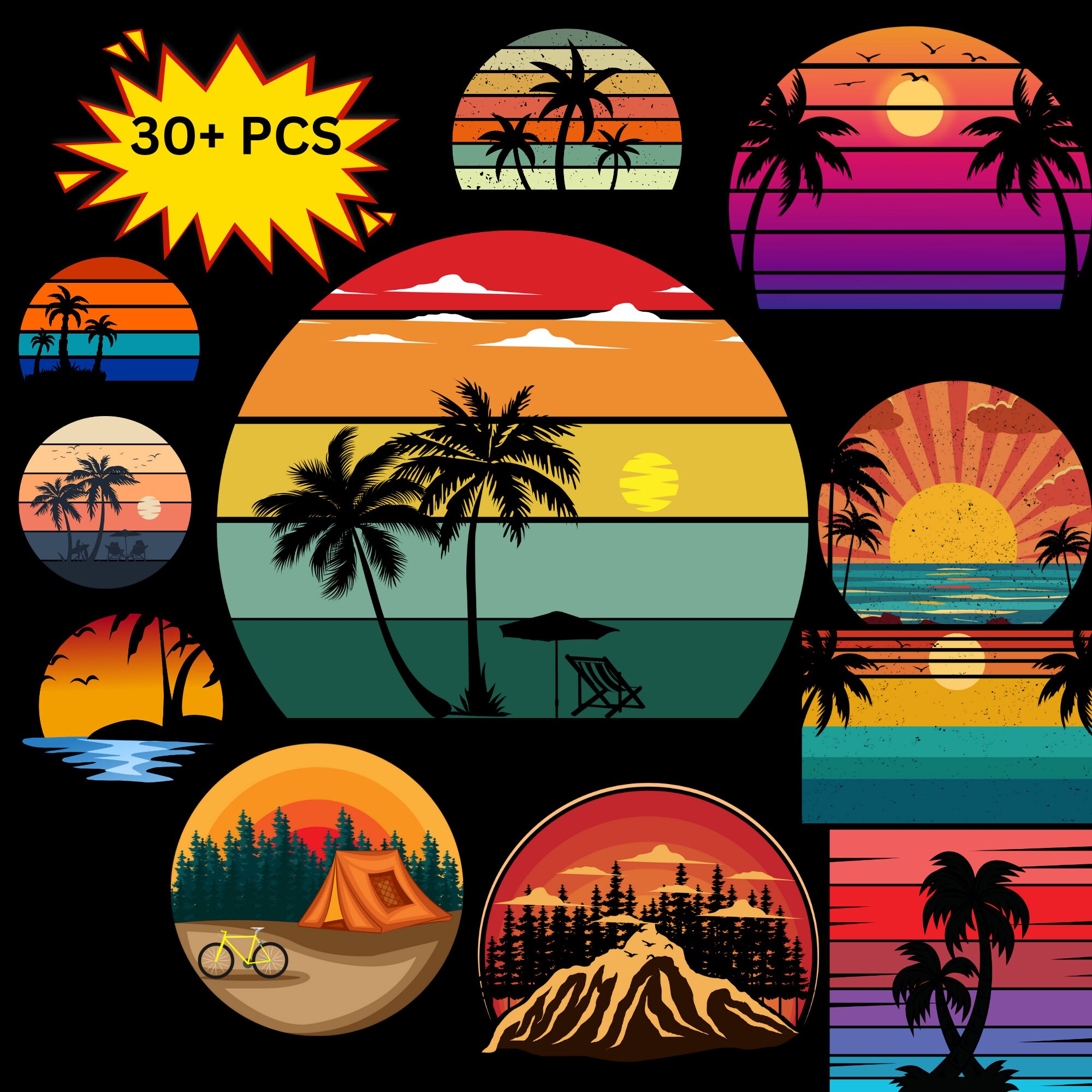 Retro Vintage Sunsets Pack #1 30 Retro Sunset Clipart PNG Digital ...