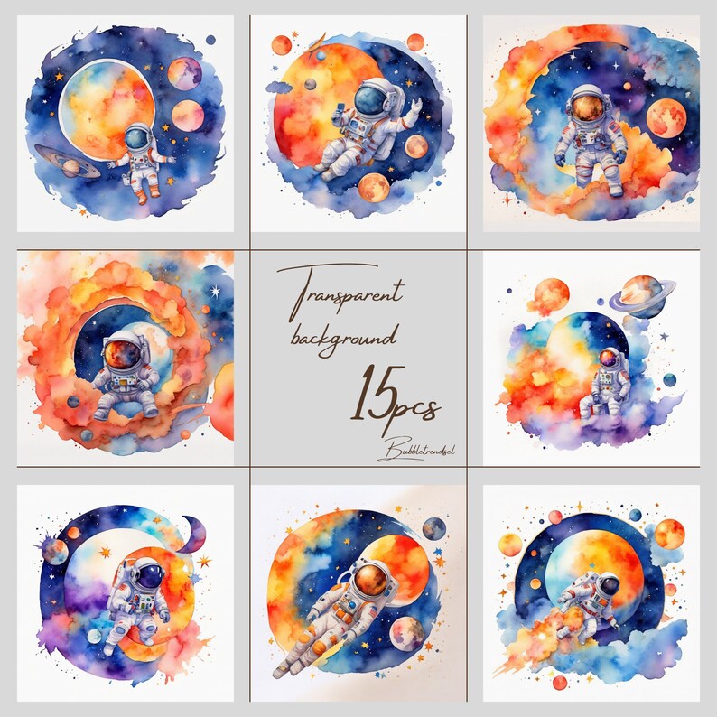 Watercolor Space Clipart Bundle 15, Sun Watercolor Clipart, Astronaut ...