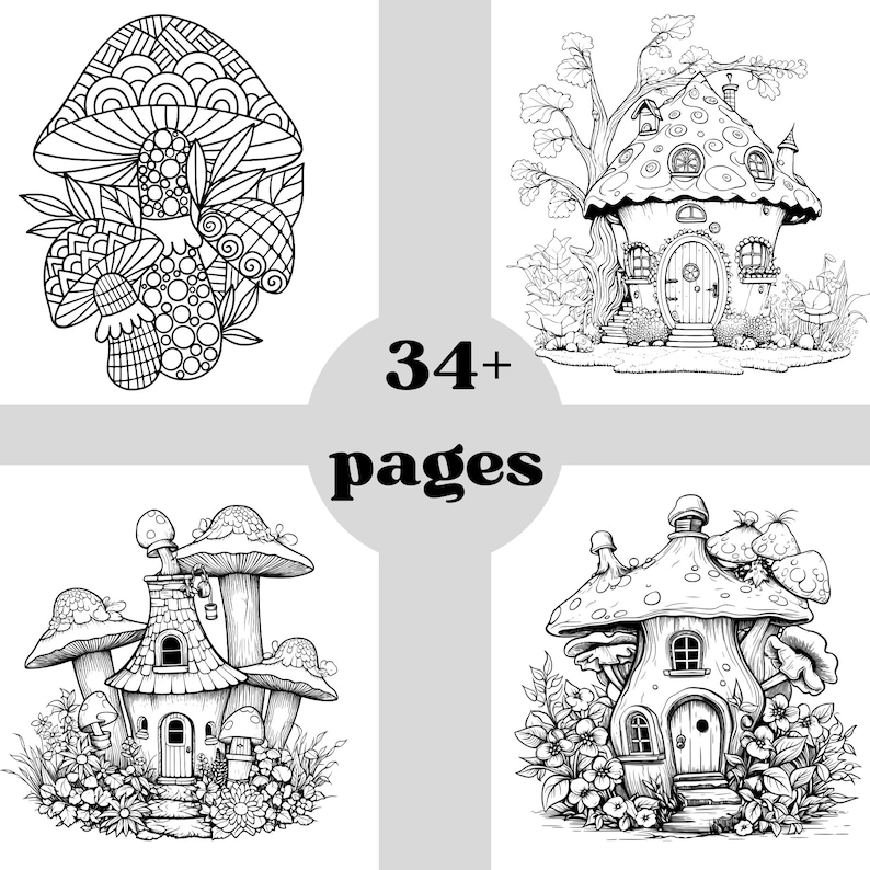 Fantasy Mushroom Houses Coloring Pages for Adults: Like in the Fairy ...