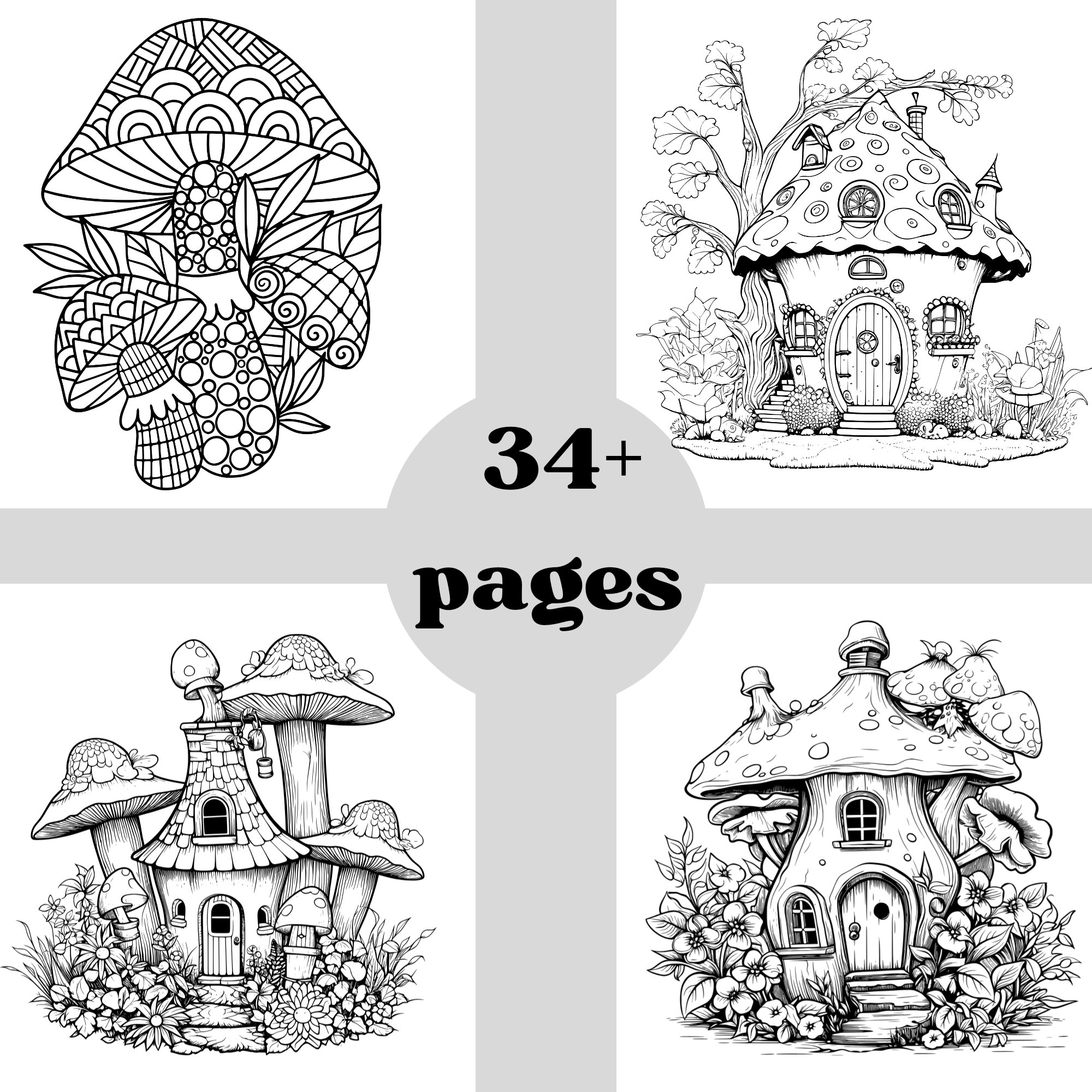 Fantasy Mushroom Houses Coloring Pages for Adults: Like in the Fairy ...