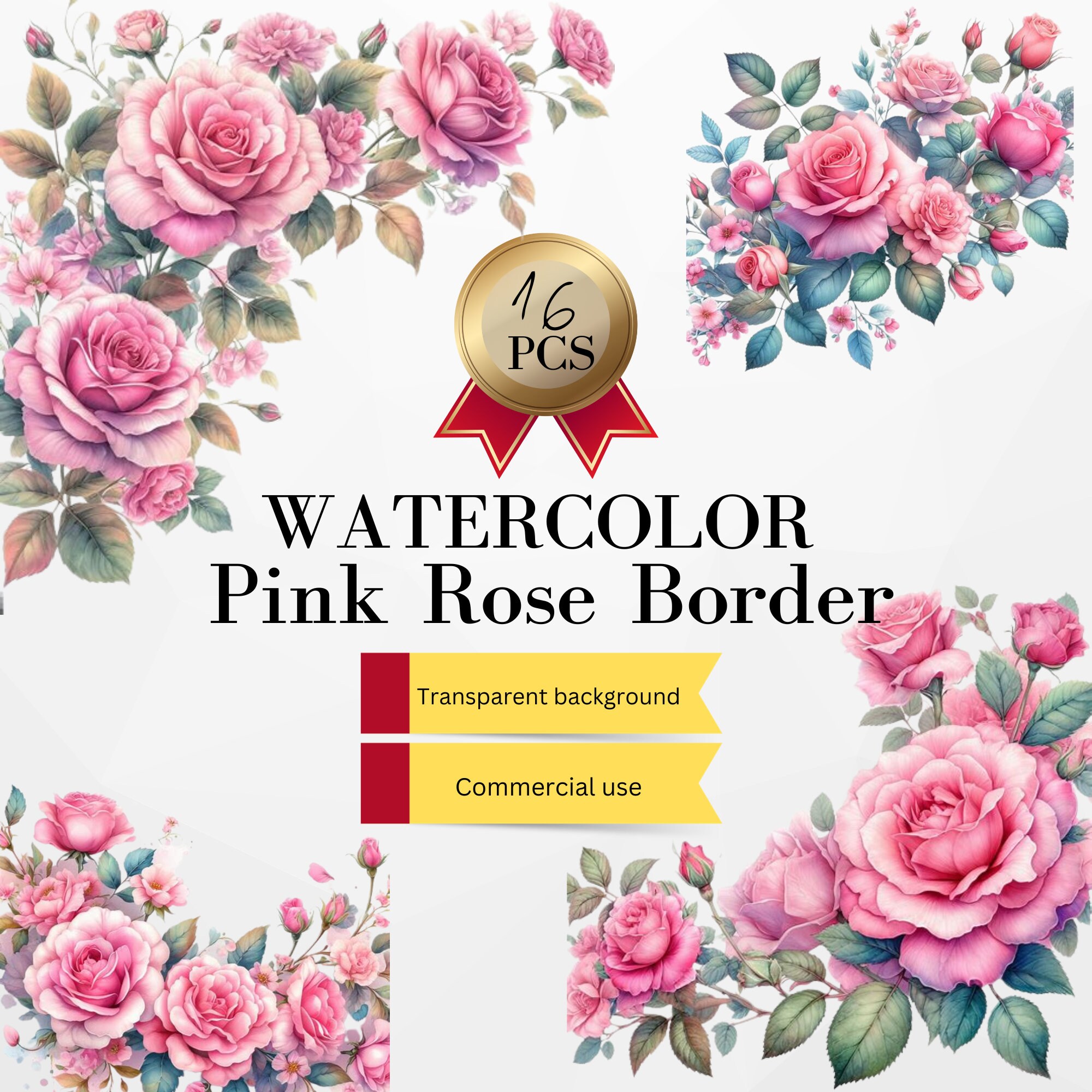Pink Rose Border Clipart PNG Watercolor Pink Rose Border, Bundle of 16 ...