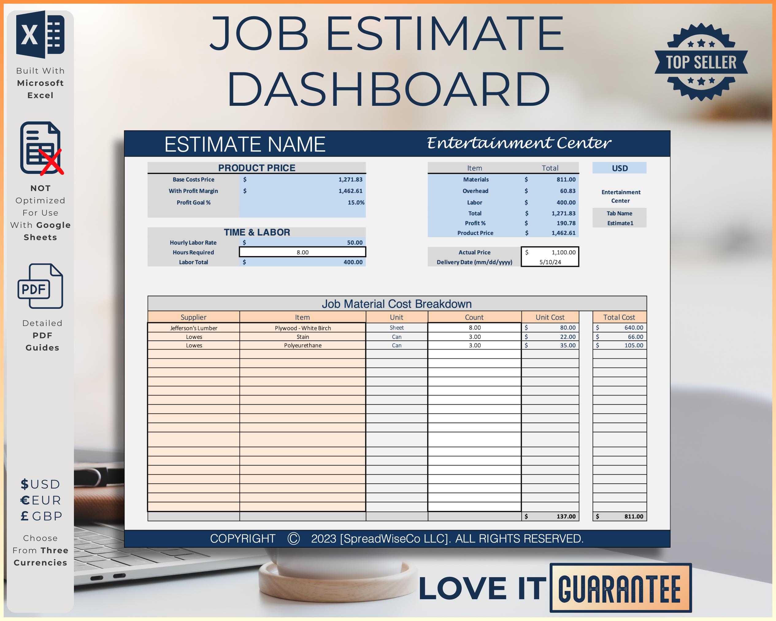 Job Estimate Spreadsheet Excel, Job Estimate Template, Estimate ...