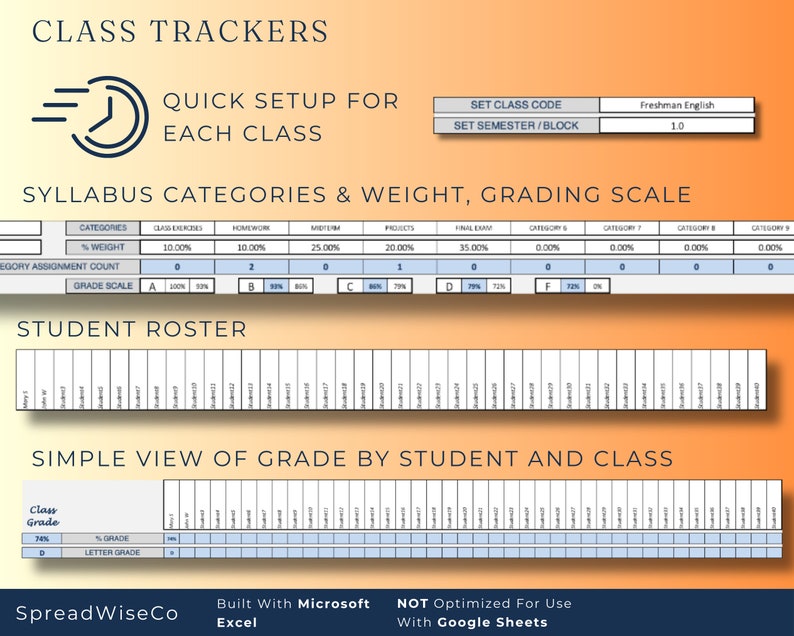 Teacher Gradebook Spreadsheet Excel, Grade and Assignment Tracker ...