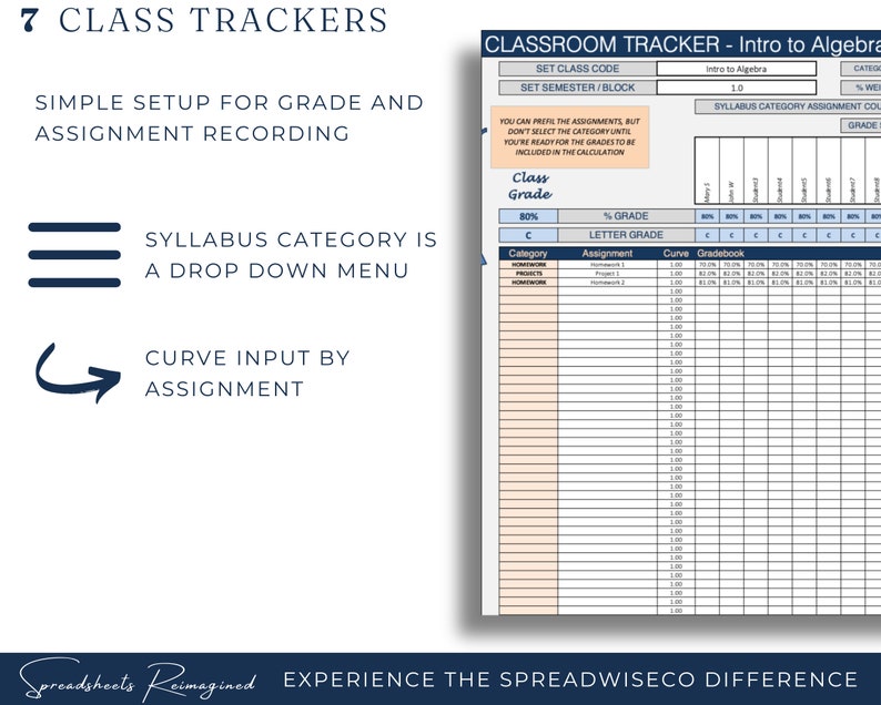 Traditional Class Gradebook Spreadsheet Excel, Grade and Assignment ...