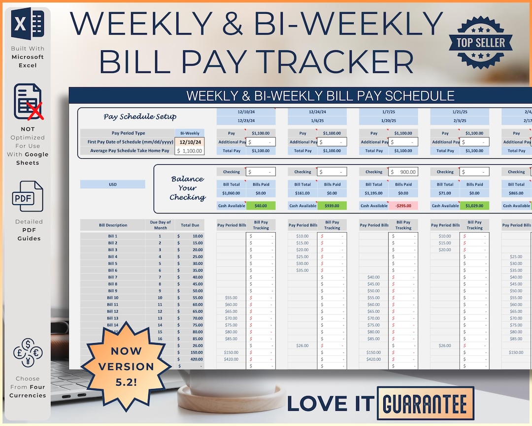 Weekly & Bi-weekly Bill Pay Tracker Spreadsheet Excel, Bill Tracker, Budget Planner, Budget ...