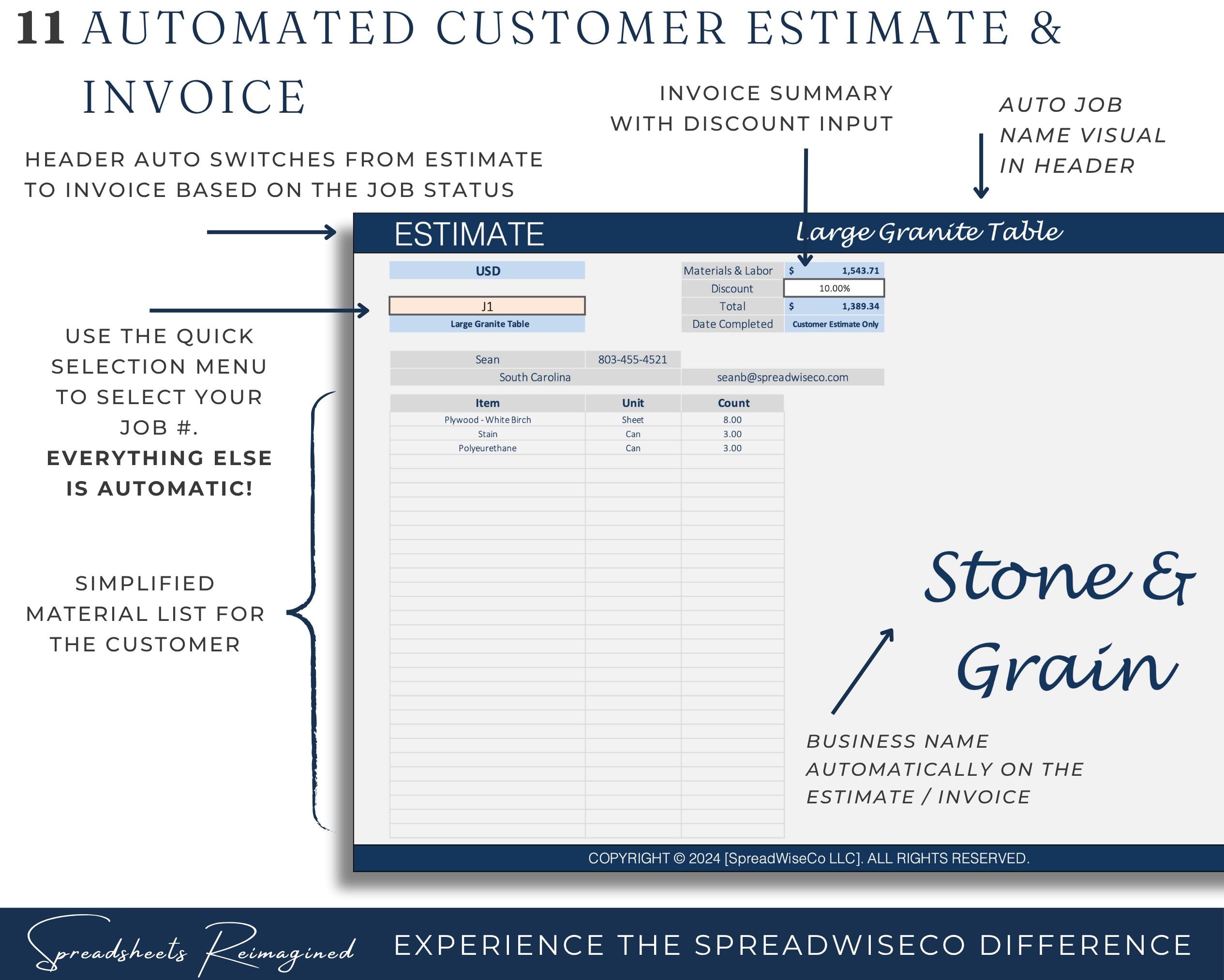 Job Estimate & Revenue Spreadsheet Excel, Contractor Template, Invoice ...
