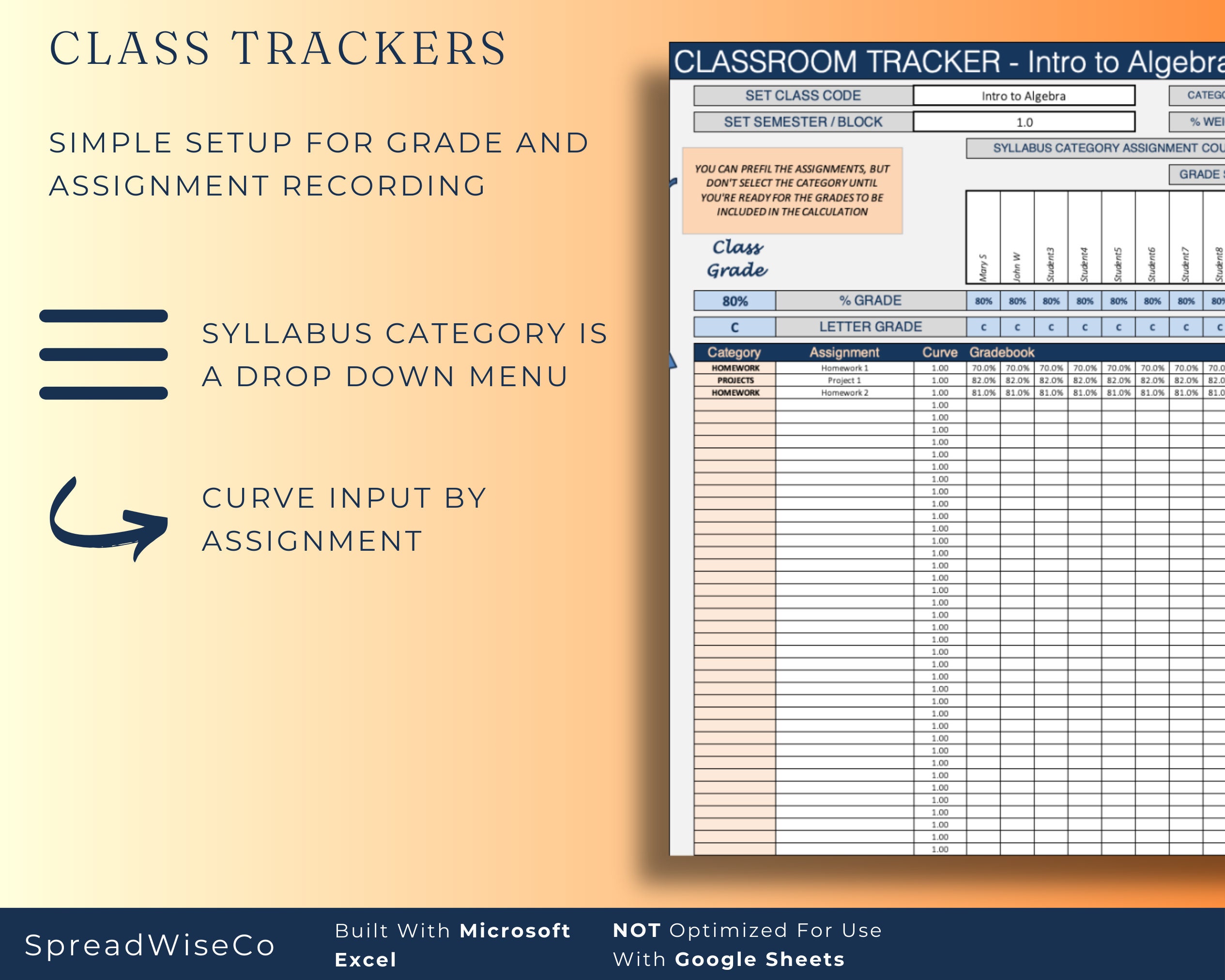 Teacher Gradebook Spreadsheet Excel, Grade and Assignment Tracker ...