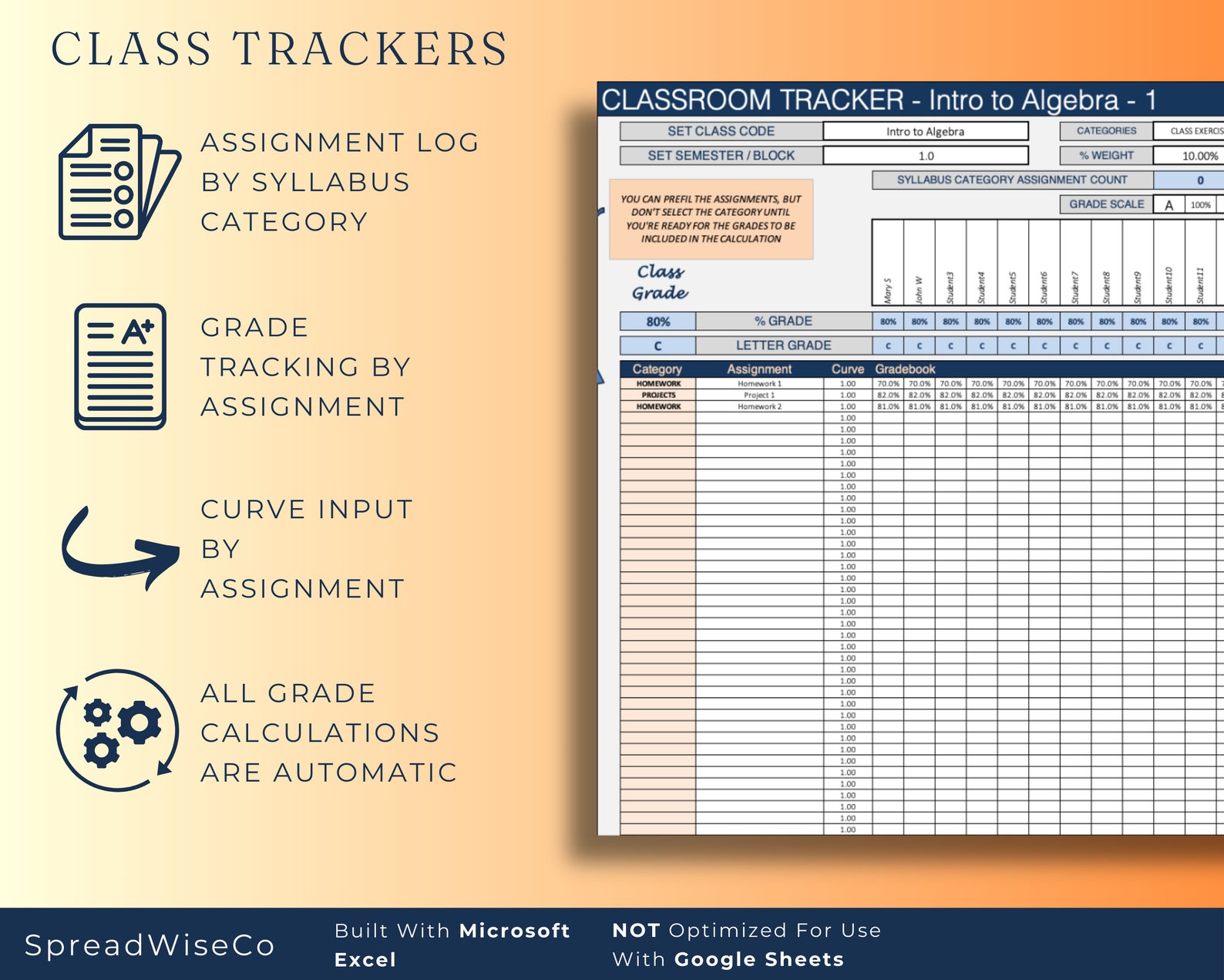 Teacher Gradebook Spreadsheet Excel, Grade and Assignment Tracker ...