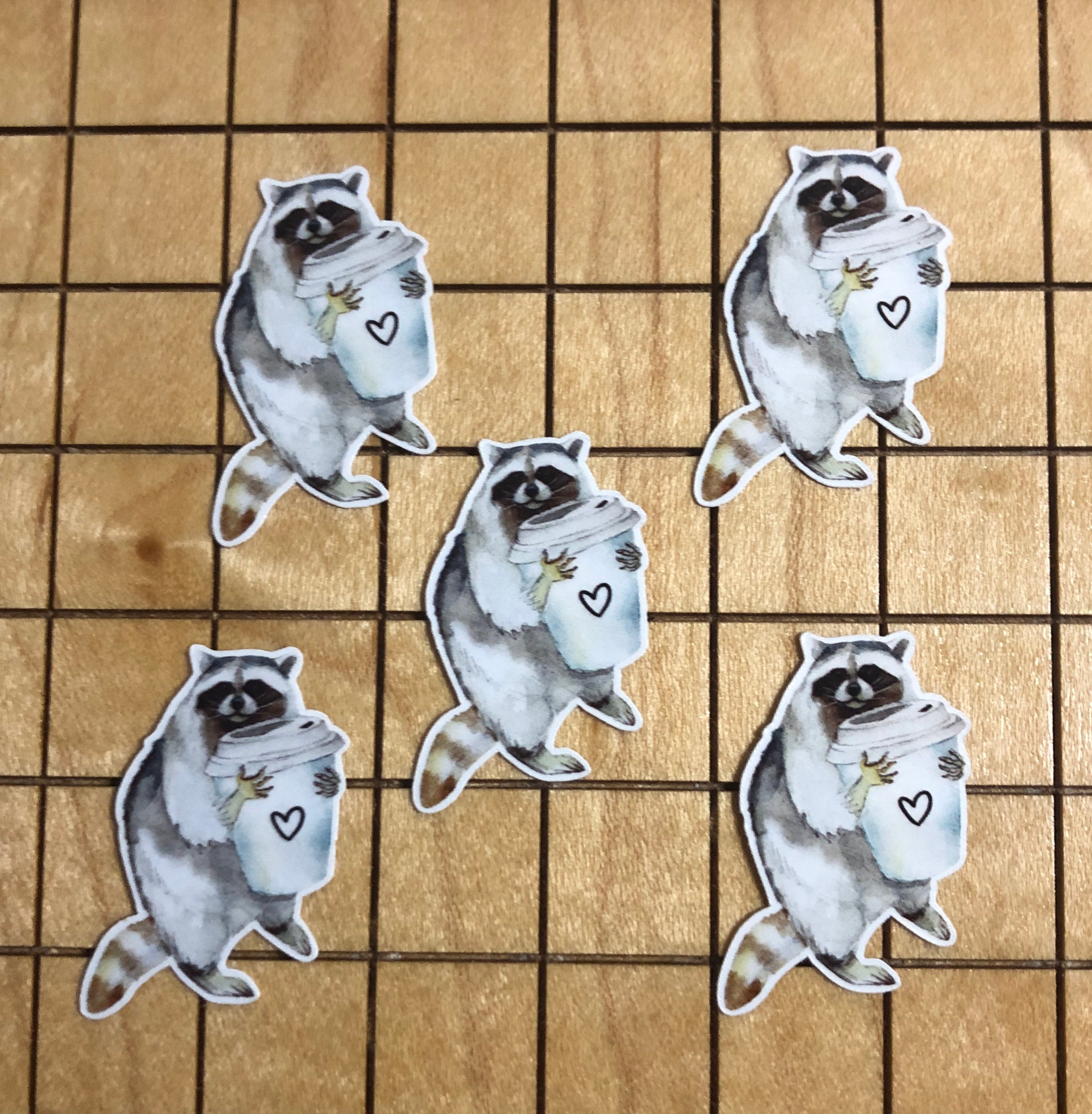 5 MINI Raccoon Stickers, Raccoon Decal, Raccoon and Coffee, Waterproof ...