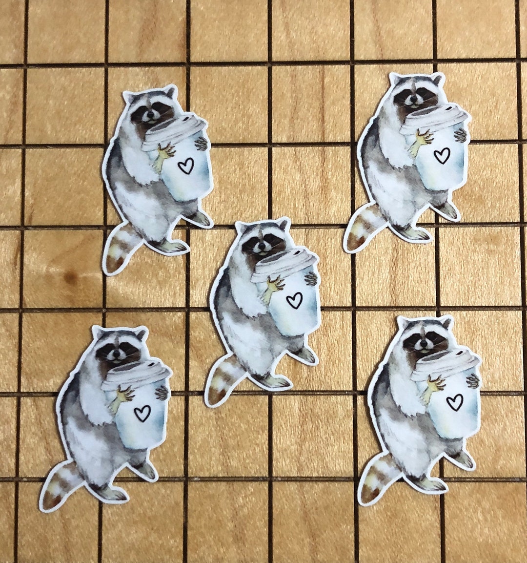 5 MINI Raccoon Stickers, Raccoon Decal, Raccoon and Coffee, Waterproof ...