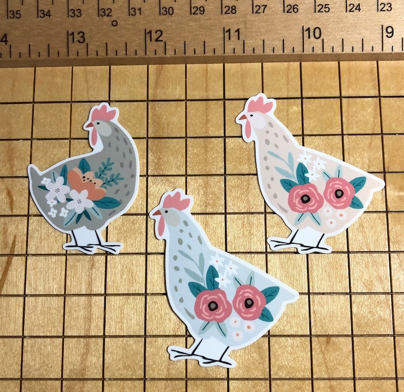 3 Chicken Stickers, Chicken Decal, Flower Sticker, Pretty Chickens ...