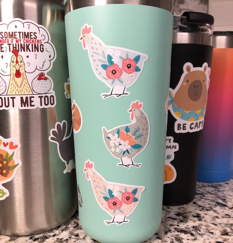 3 Chicken Stickers, Chicken Decal, Flower Sticker, Pretty Chickens ...