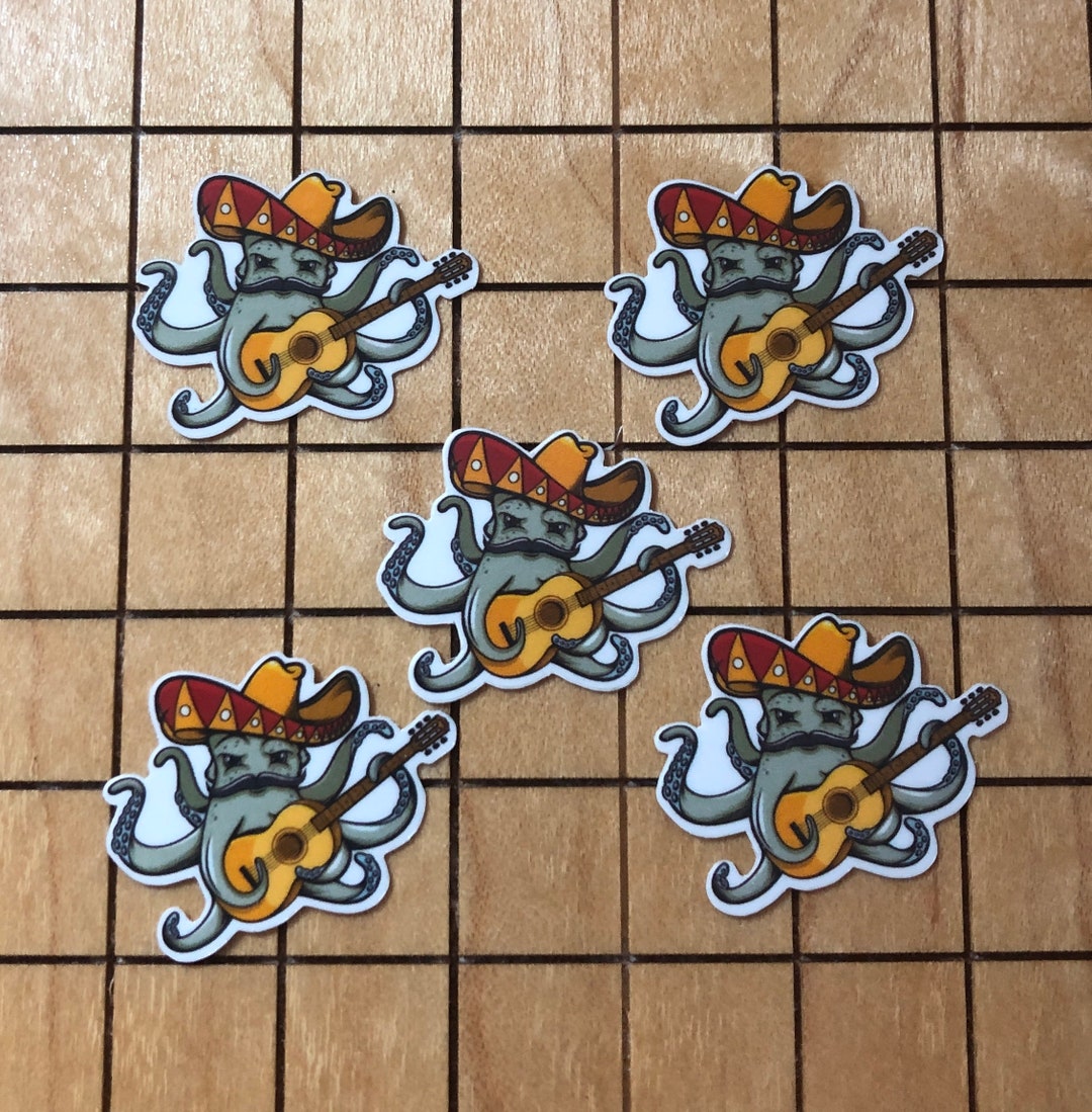 5 MINI Octopus Stickers, Octopus Playing Guitar, Wearing Sombrero ...