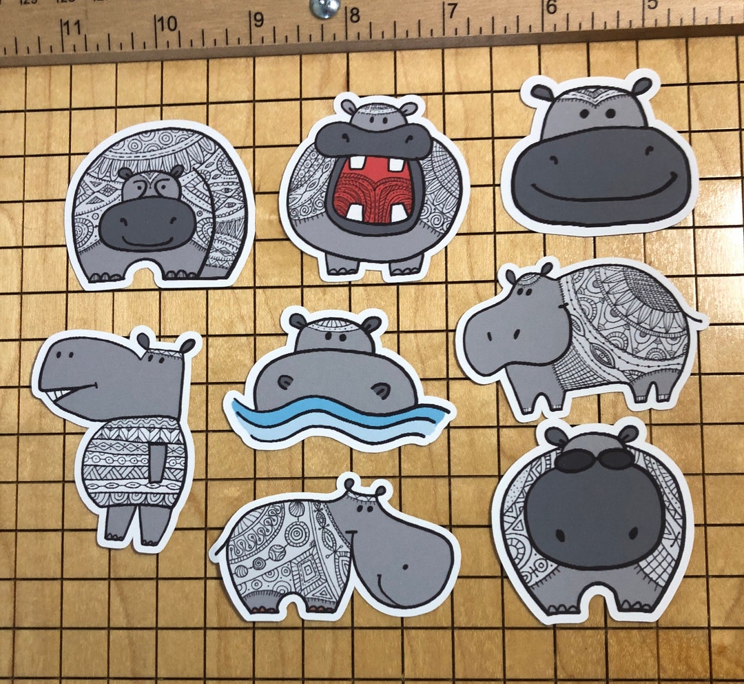 8 Hippo Stickers, Hippo Decal, Hippo Label, Hippo Sticker Pack, Sticker ...