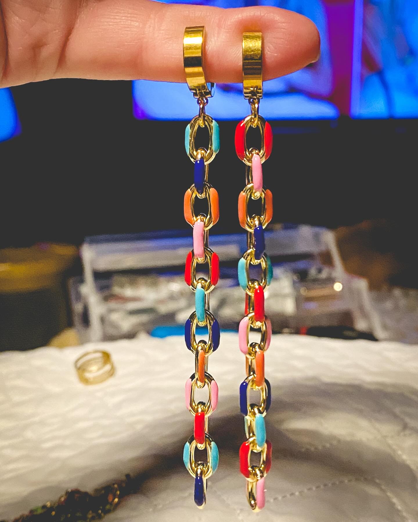 No-poke Rainbow Enamel Chunky Chain Drop Earrings (hypoallergenic) - Etsy