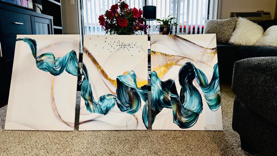 Teal and Gold Wisp 3pc Canvas Set - Etsy