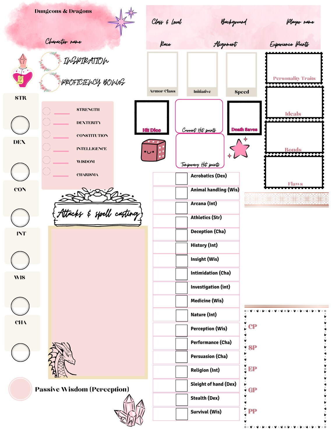 Dnd PINK Character Sheet *digital - Etsy