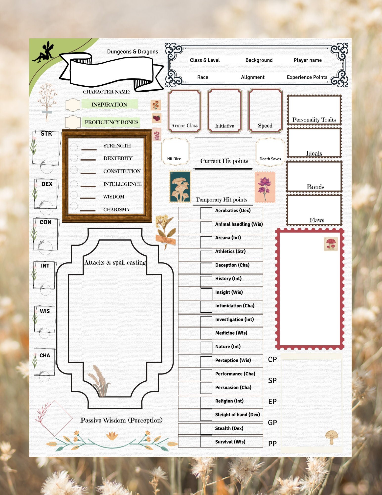 Dnd Character Sheet *cottage Core Theme - Etsy