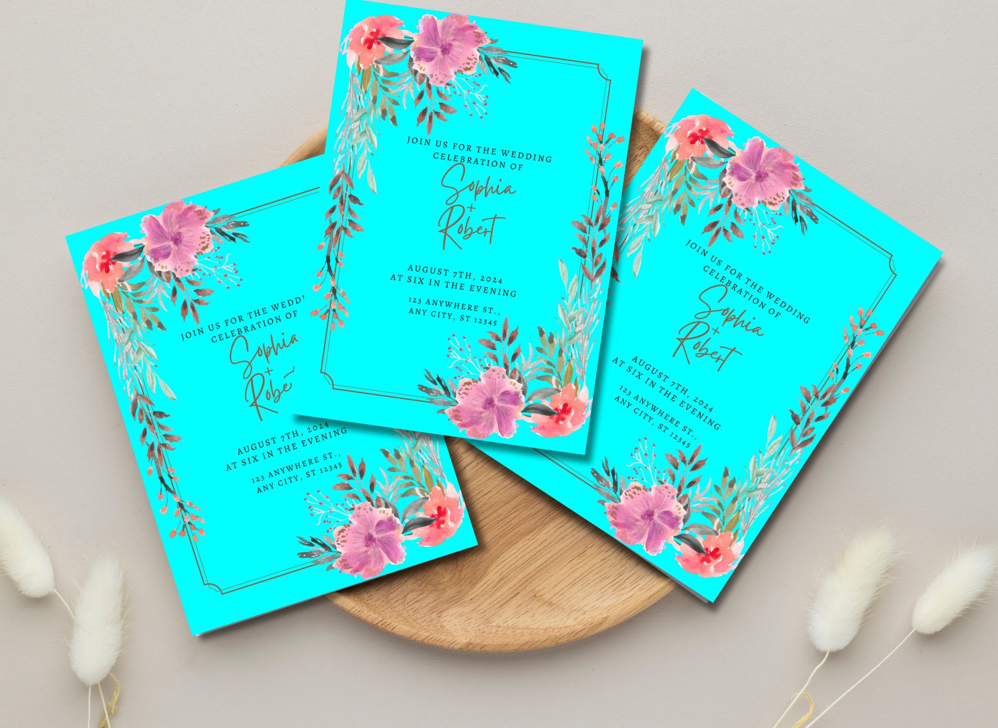 Aqua Blue Wedding Invitation Card Template,watercolor Floral and ...