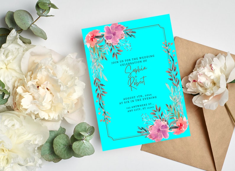 Aqua Blue Wedding Invitation Card Template,watercolor Floral and ...